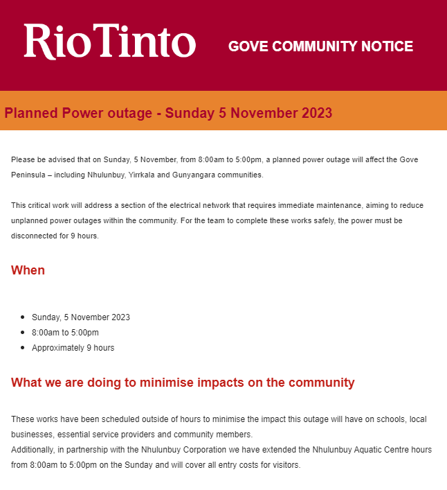 GOVE COMMUNITY NOTICE - Planned Power Outage | Nhulunbuy Corporation